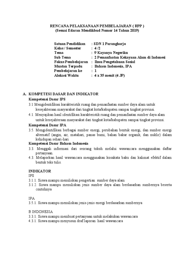 RPP Kelas 4: Pemanfaatan Sumber Daya Alam | PDF | Karier & Perkembangan