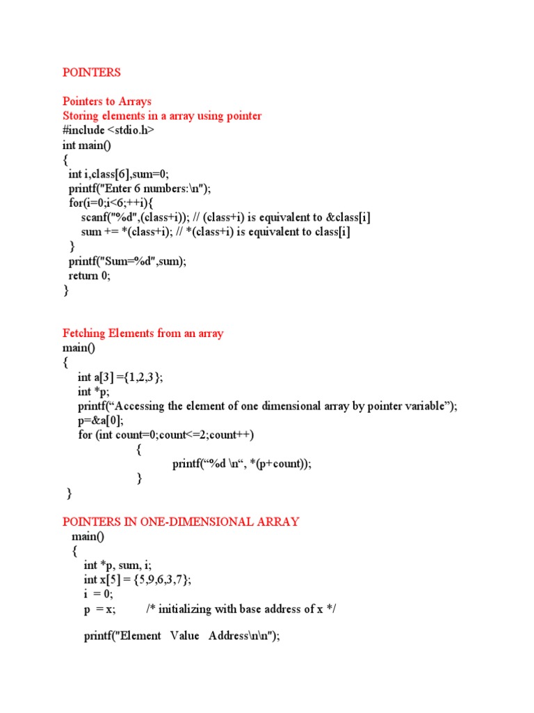 Pointers Pointers To Arrays Storing Elements In A Array Using Pointer Pdf Pointer Computer 