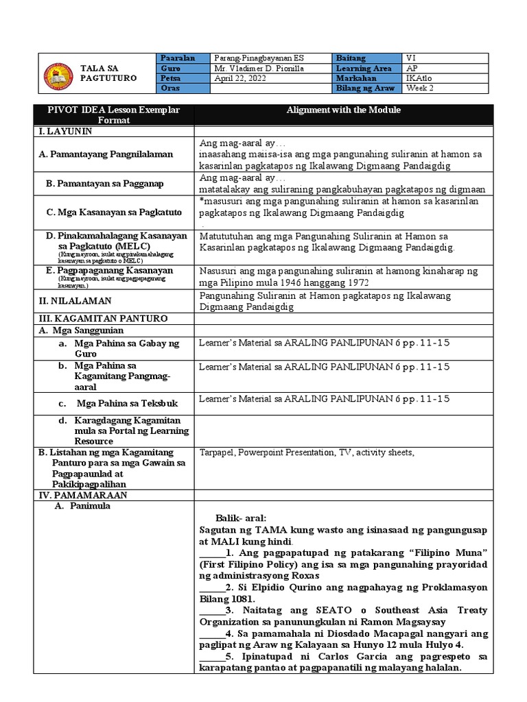 PIVOT-4A-Lesson-Exemplar CO1-AP6 | PDF