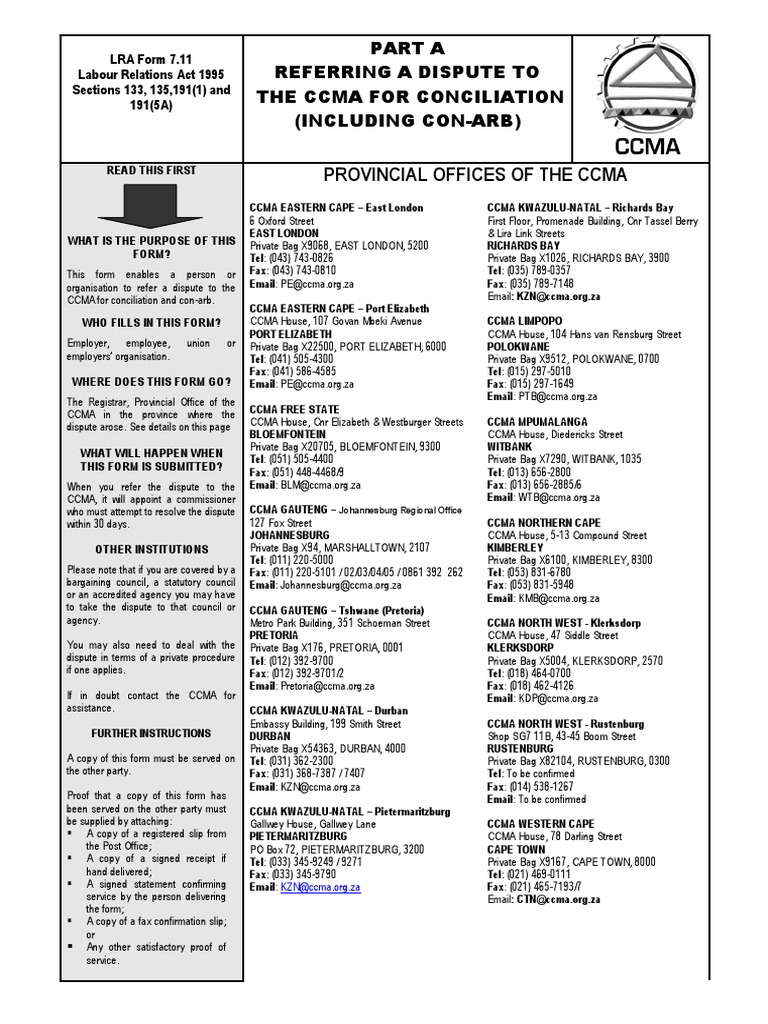 Lra Form 7 11 Referring A Dispute To Ccma For Conciliation Pdf