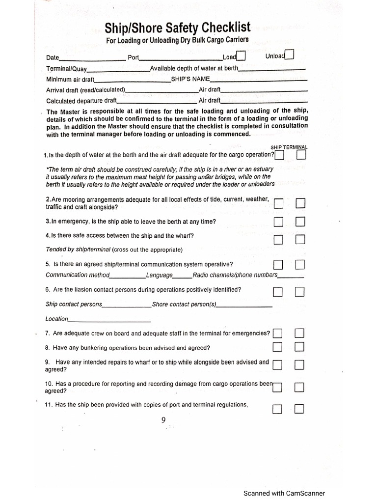 Bulk Carrier Ship-Shore Safety Checklist | PDF