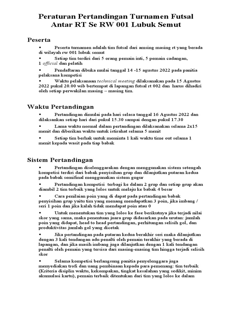 Peraturan Pertandingan Turnamen Futsal Antar RT Se RW 001 Lubuk Semut | PDF