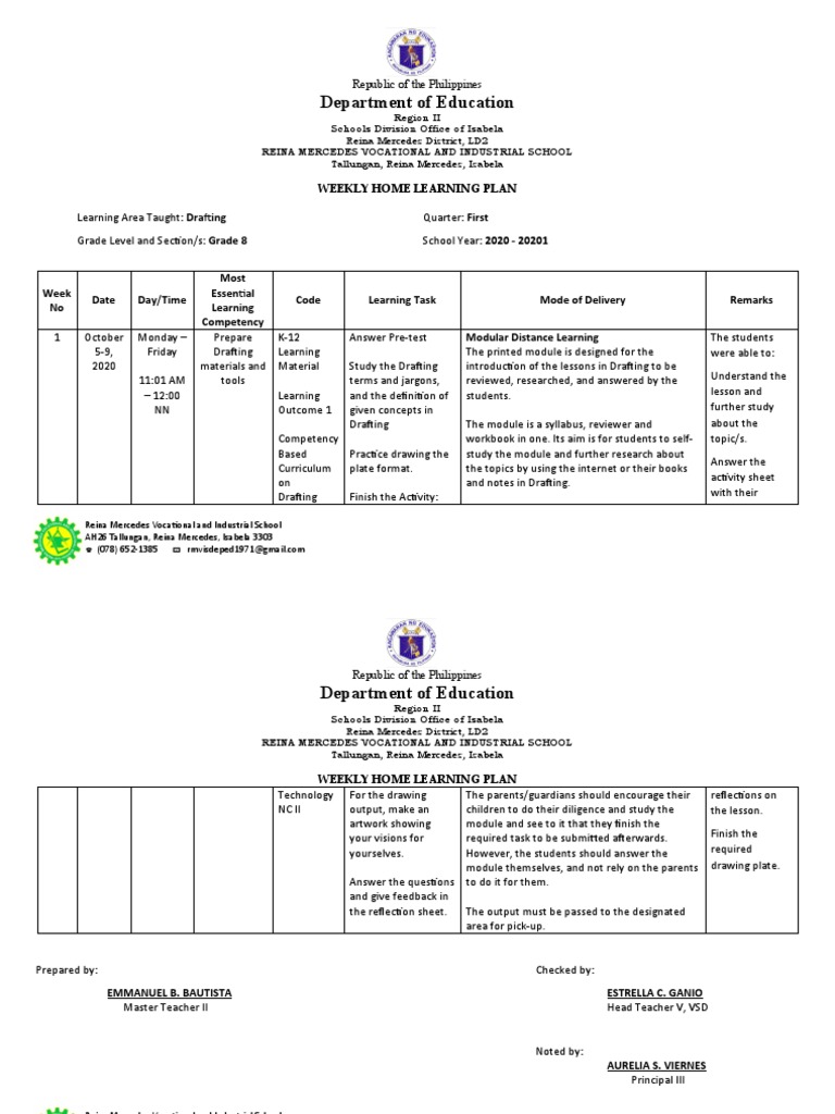 Weekly Home Learning Plan DRAFTING 8 Week 1 3 | PDF | Learning | Curriculum