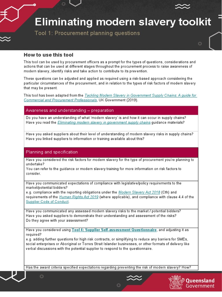 Eliminating Modern Slavery Toolkit: Tool 1: Procurement Planning ...