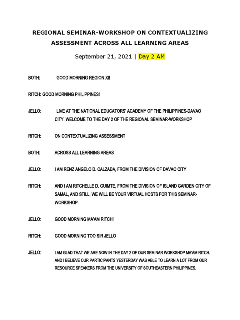 REGIONAL SEMINAR Script DAY 2 Morning | PDF