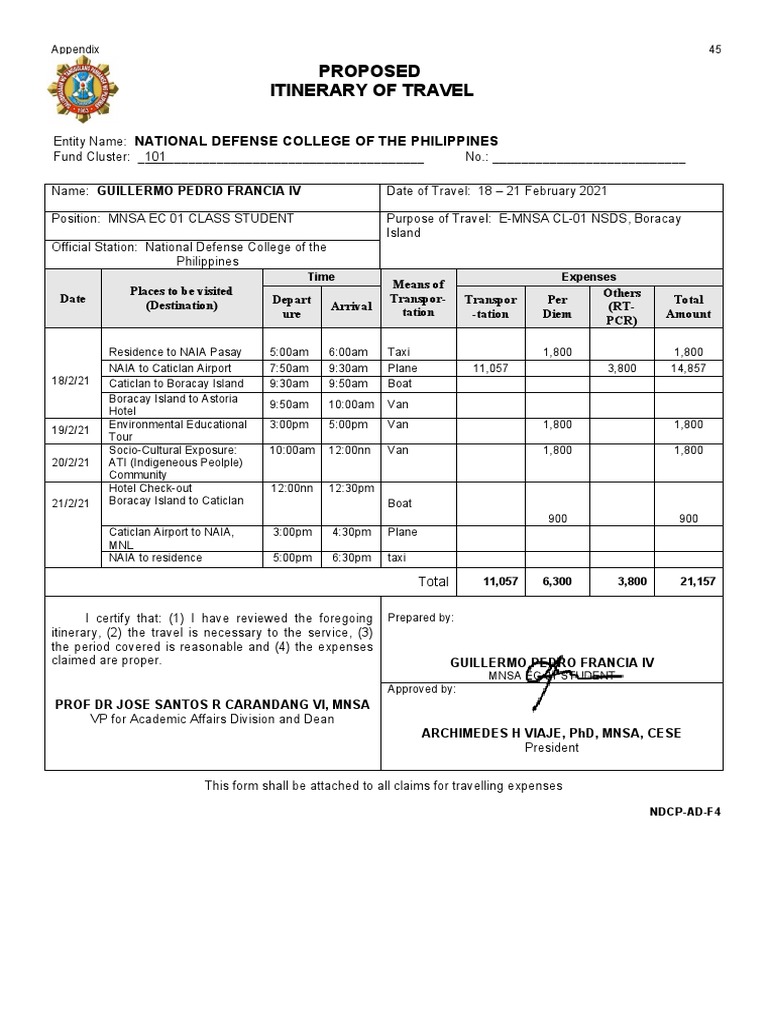 Proposed Itinerary of Travel: National Defense College of The ...