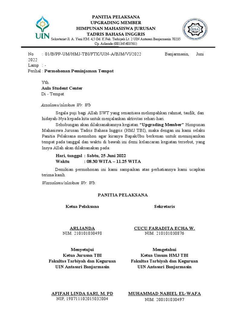 Surat Permohonan Peminjaman Tempat | PDF