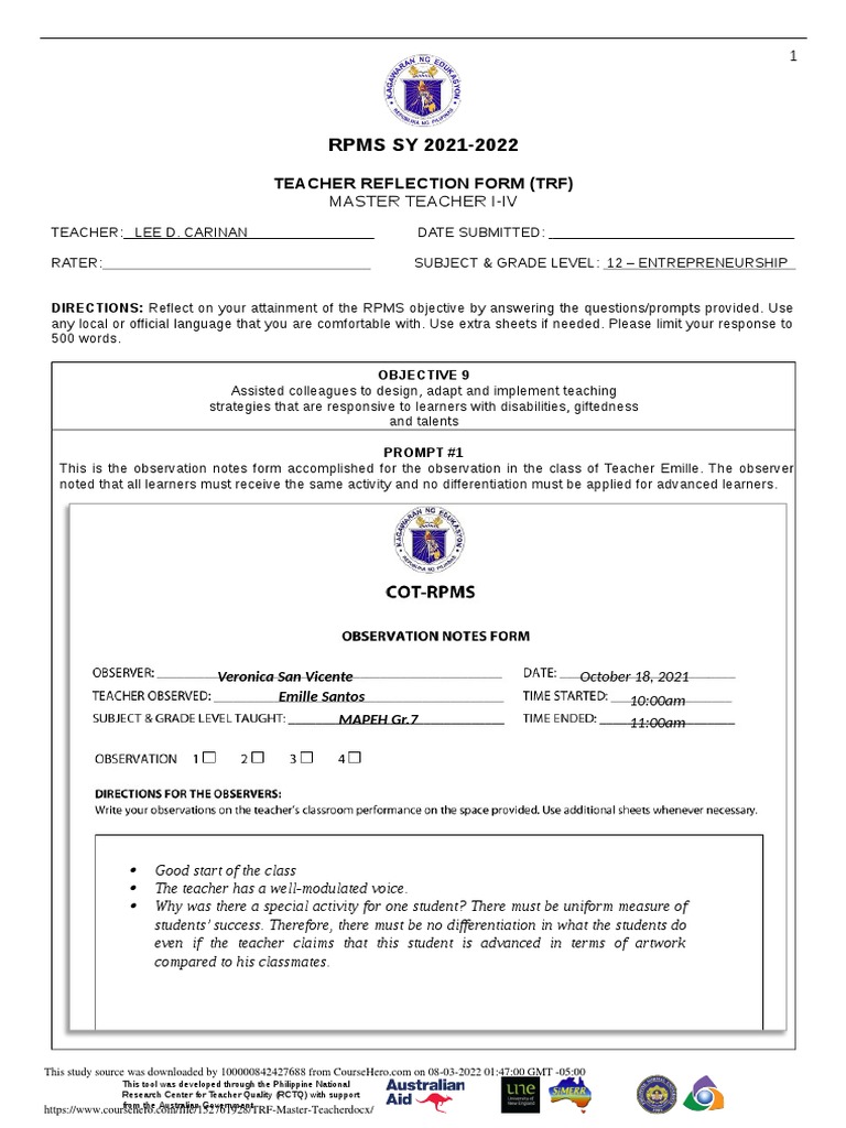 RPMS SY 2021-2022: Teacher Reflection Form (TRF) | PDF | Differentiated Instruction | Learning