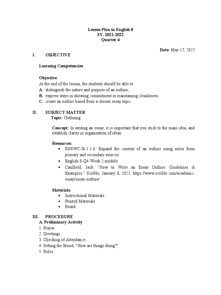 Lesson Plan in English 8 - DEMO | PDF | Essays | Lesson Plan