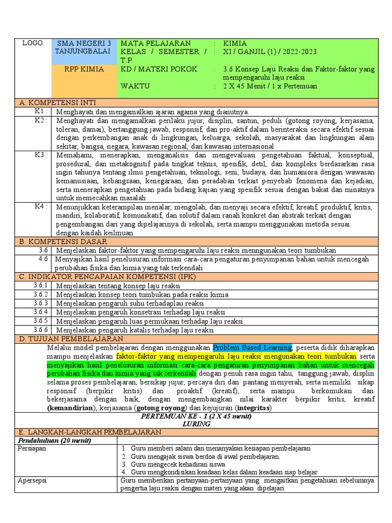 RPP 1 Laju Reaksi (PBL) | PDF