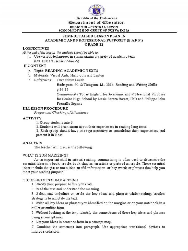 Semi-Detailed Lesson Plan in Eapp | PDF | Lesson Plan | Cognitive Science