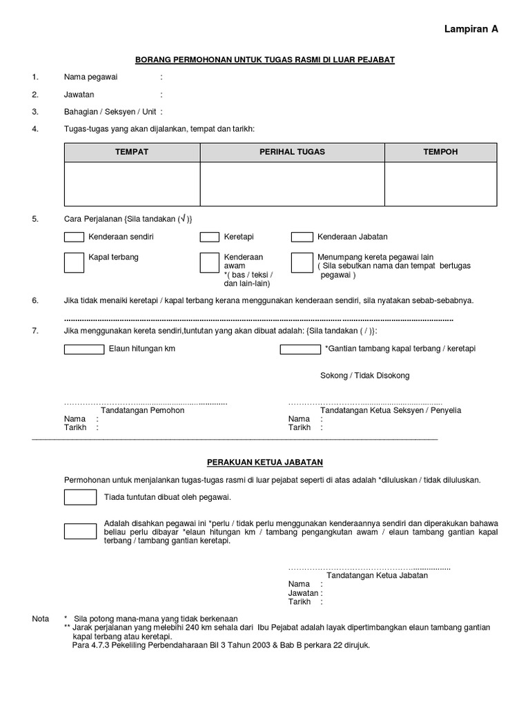 Lampiran A - Borang Permohonan Untuk Tugas Rasmi Di Luar Pejabat | PDF