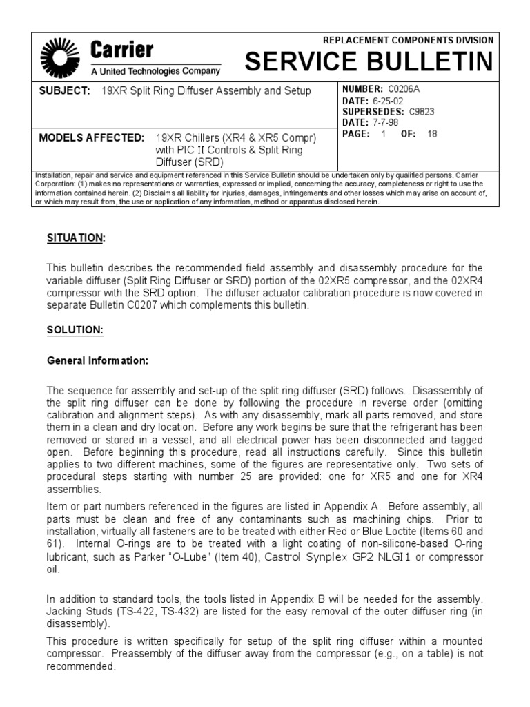 Service Bulletin: SUBJECT: 19XR Split Ring Diffuser Assembly and Setup ...