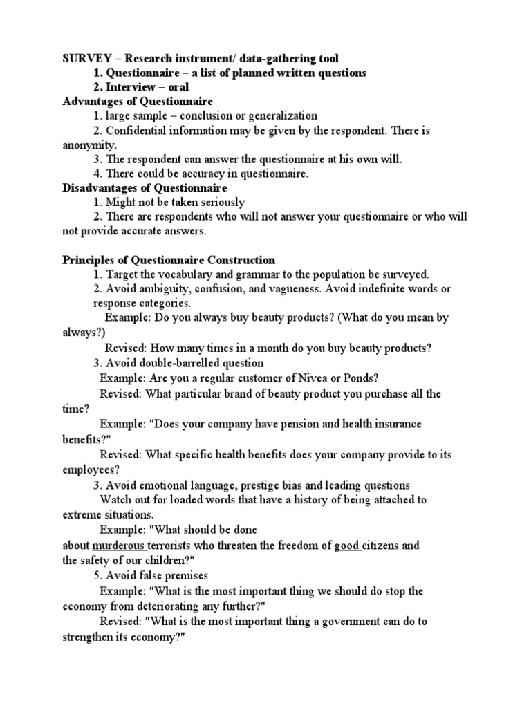 Principles of Questionnaire Construction - Handouts | PDF ...