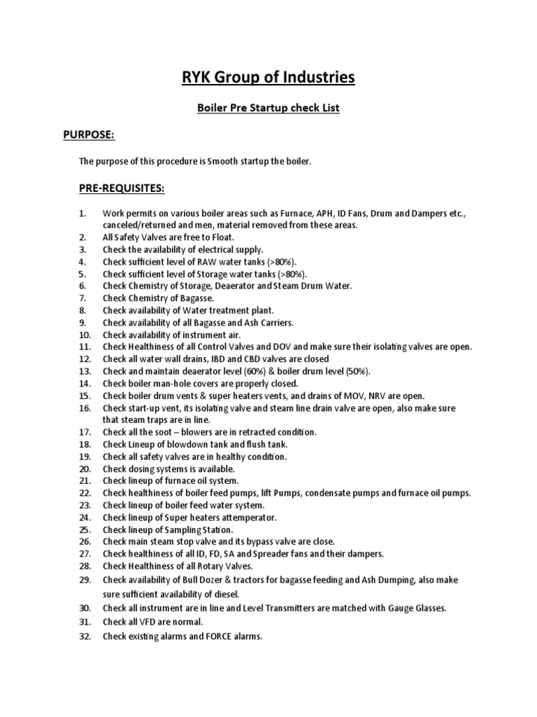 Boiler Pre Start Check List | PDF