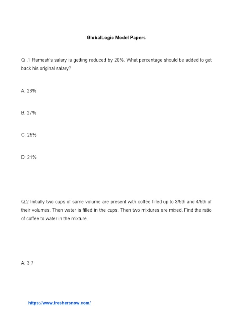 Globallogic Model Papers | PDF | Elementary Mathematics | Mathematics