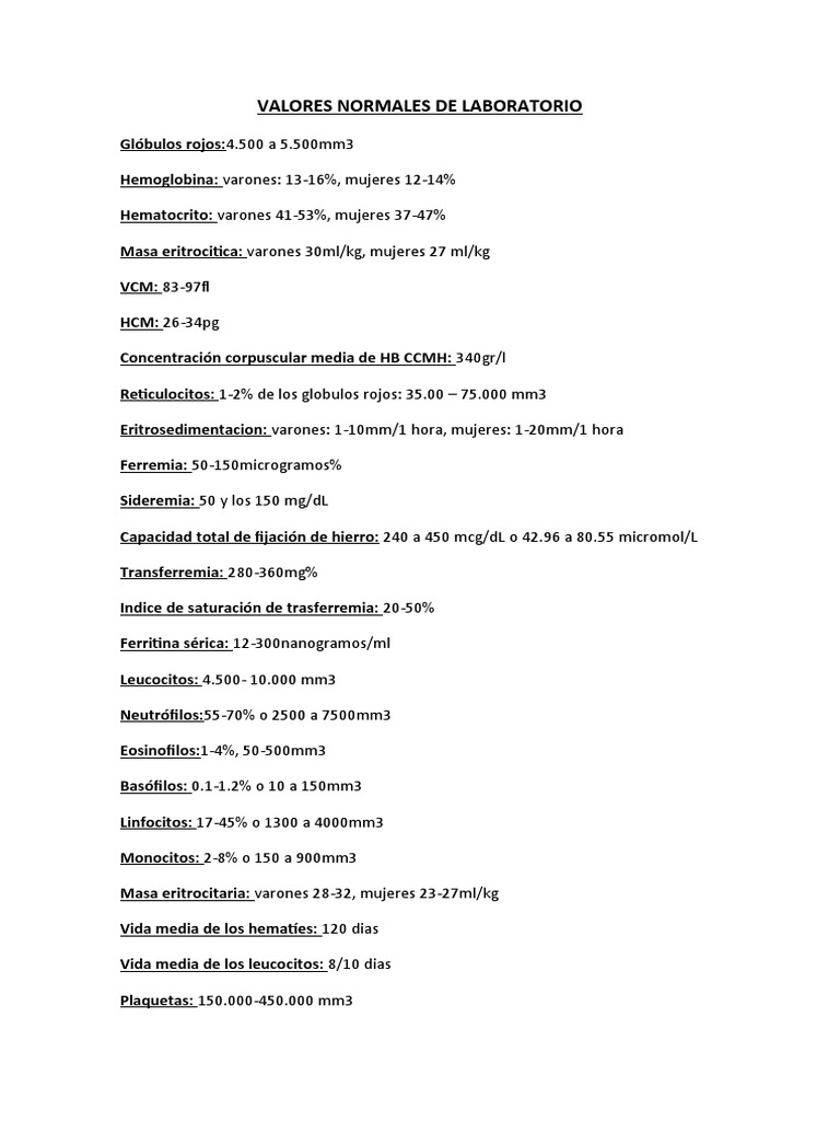 Valores Normales de Laboratorio | PDF