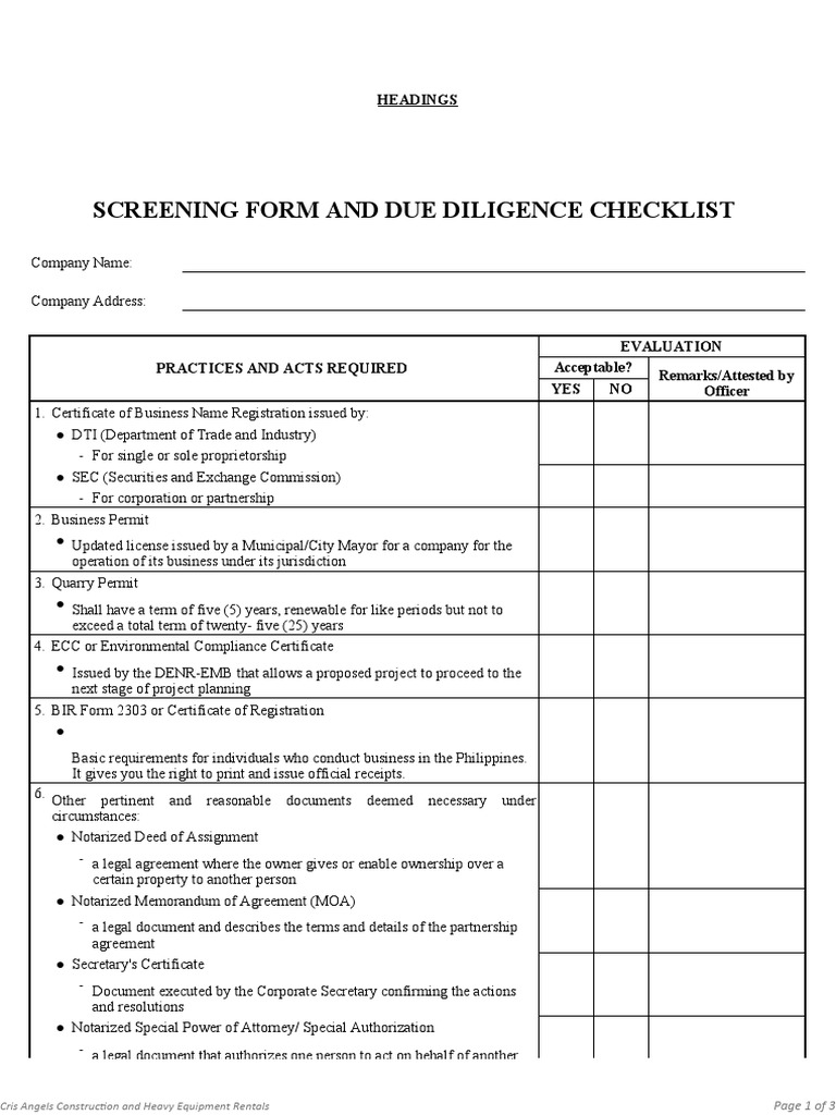 Screening Form and Due Diligence Checklist: Headings | PDF | Notary ...
