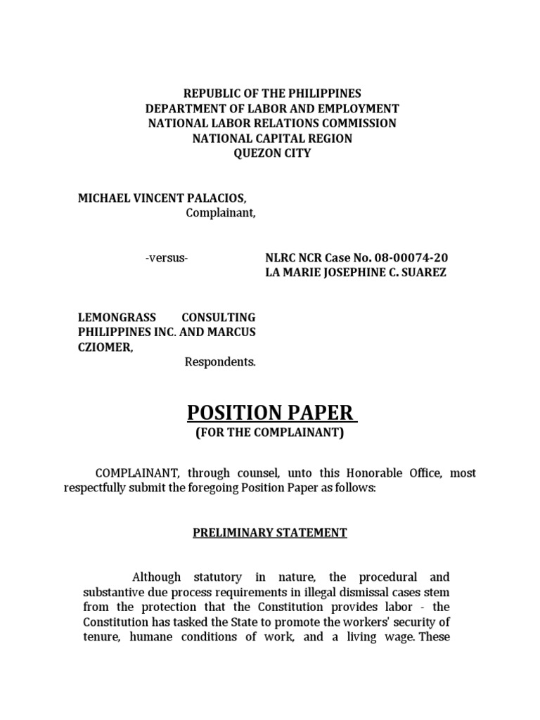 POSITION PAPER - Palacios Vs LemonGrass - Finalized 4.0 | Download Free PDF | Employment ...