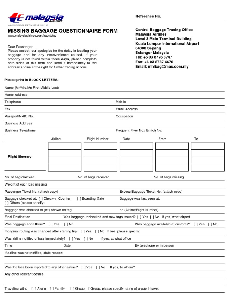Malaysia Airlines Lost Baggage Form | PDF