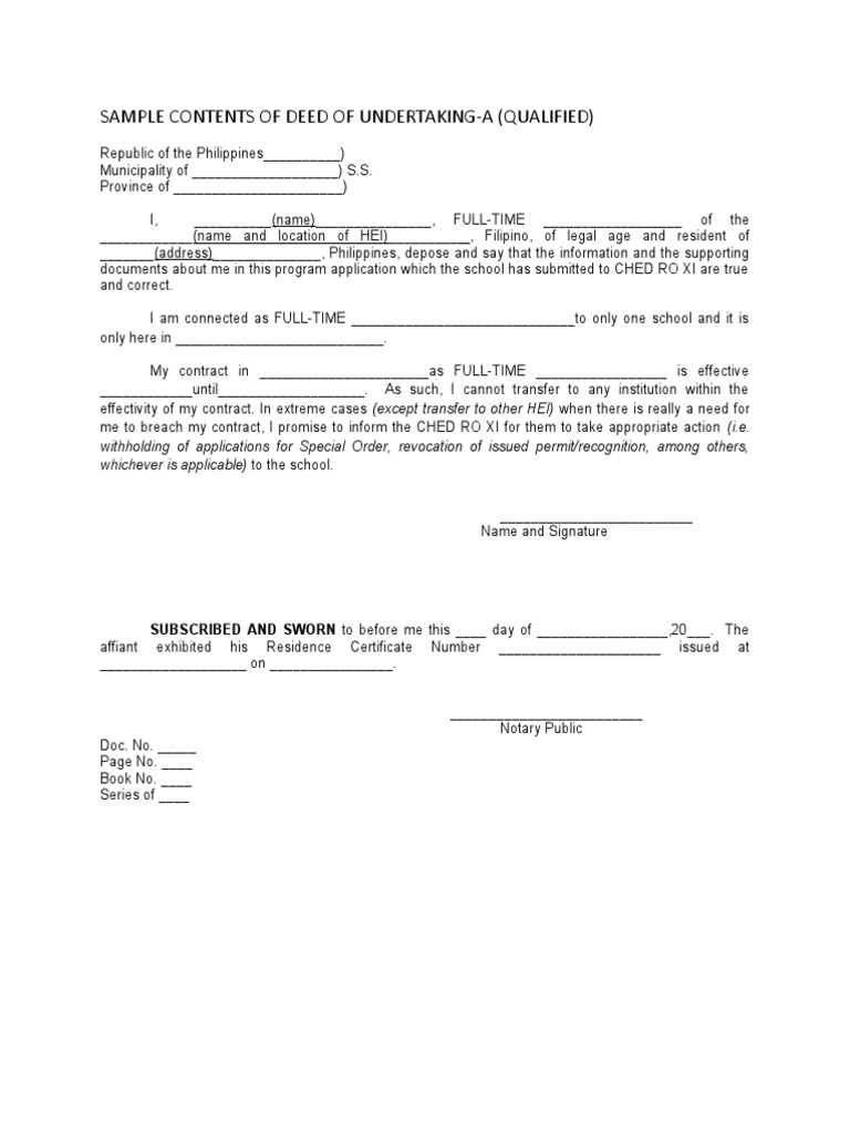 Sample Contents of Deed of Undertaking-A (Qualified) | PDF | Notary ...