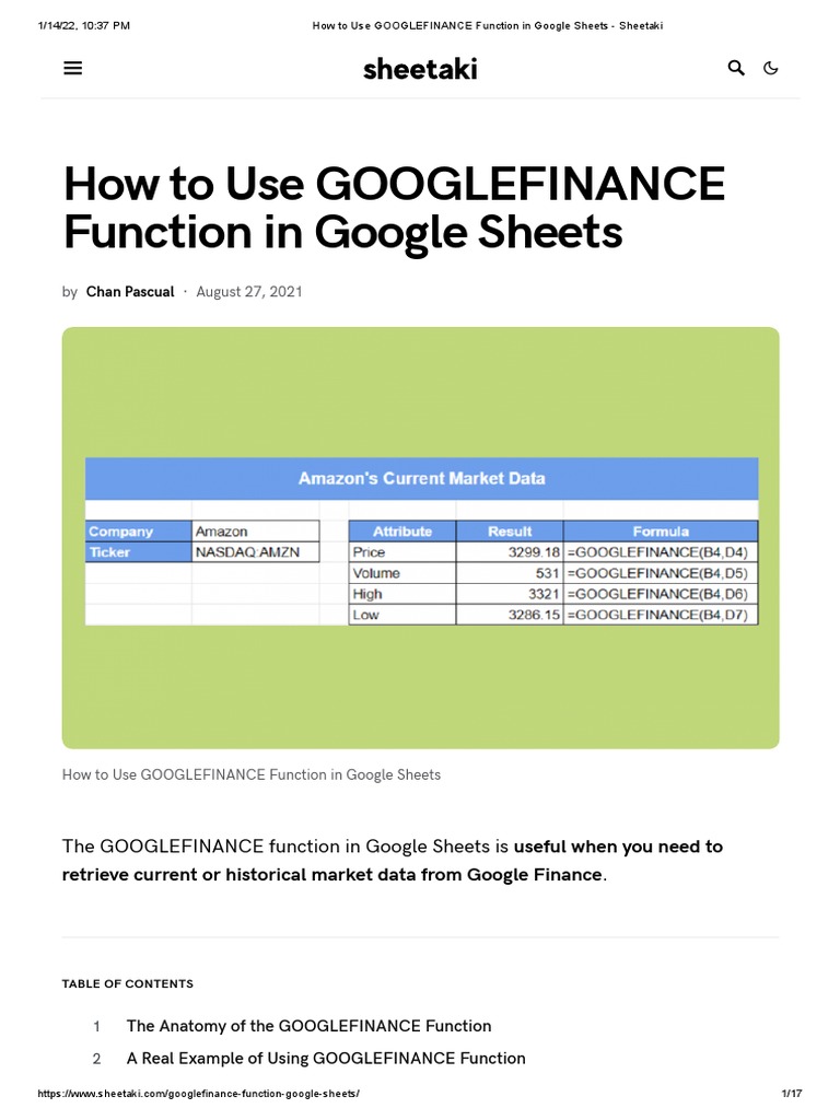 How To Use GOOGLEFINANCE Function in Google Sheets - Sheetaki | PDF | Spreadsheet | Function ...