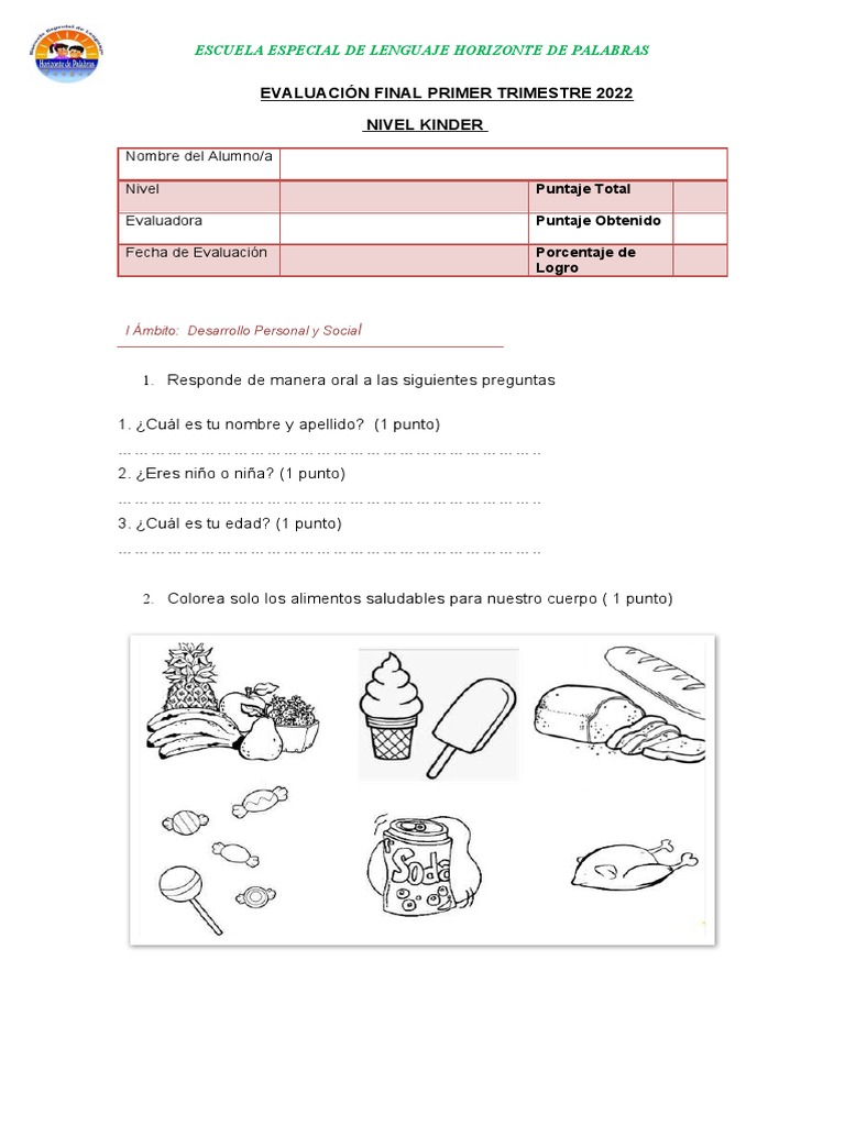 Formato Prueba Trimestral Kinder | PDF | Educación de la primera ...