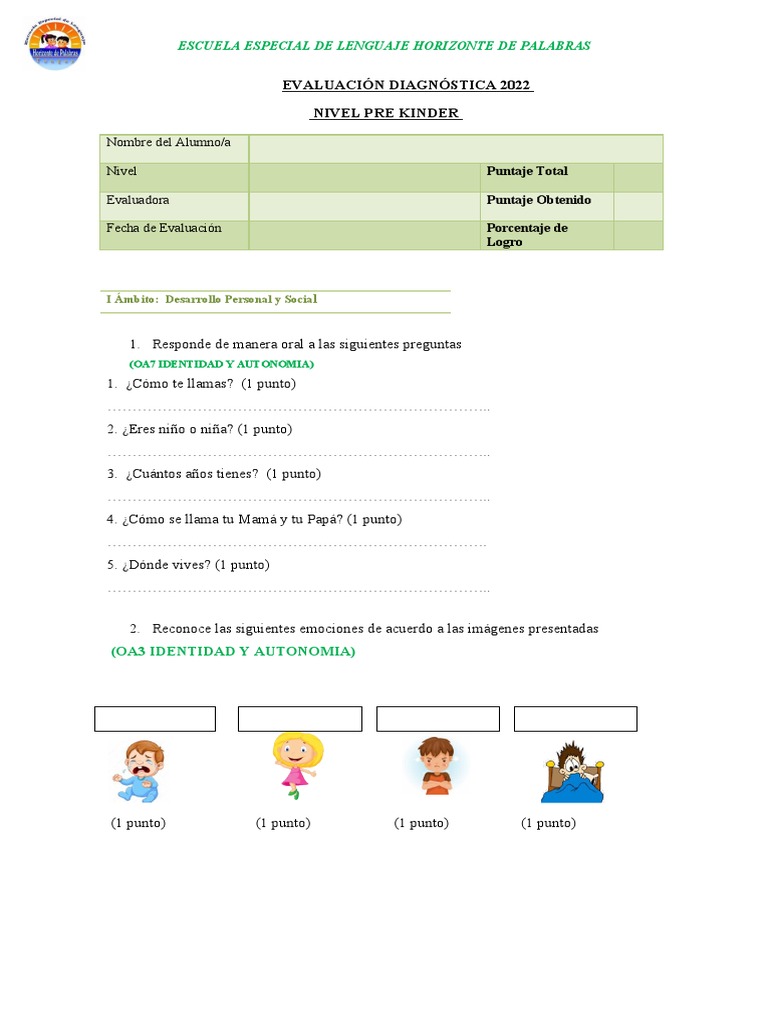 Prueba Diagnostico Pre Kinder | PDF | Educación de la primera infancia ...