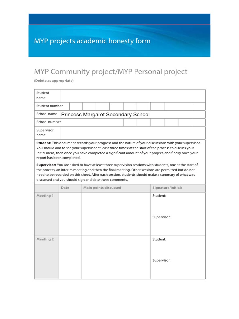 Personal Project Academic Honesty Form - Fillable | PDF