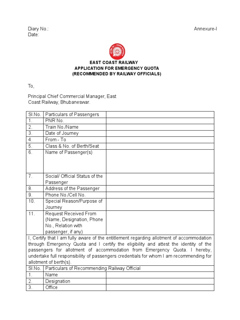 East Coast Railway Application For Emergency Quota (Recommended by ...