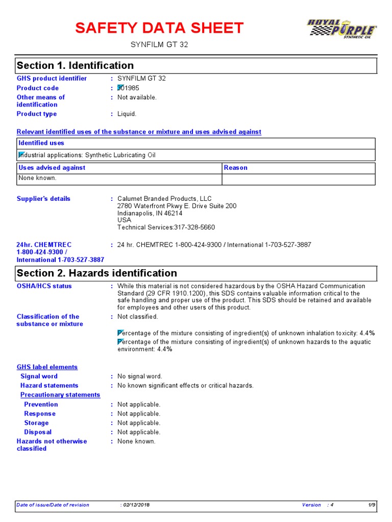 Safety Data Sheet: Section 1. Identification | PDF | Firefighting | Toxicity
