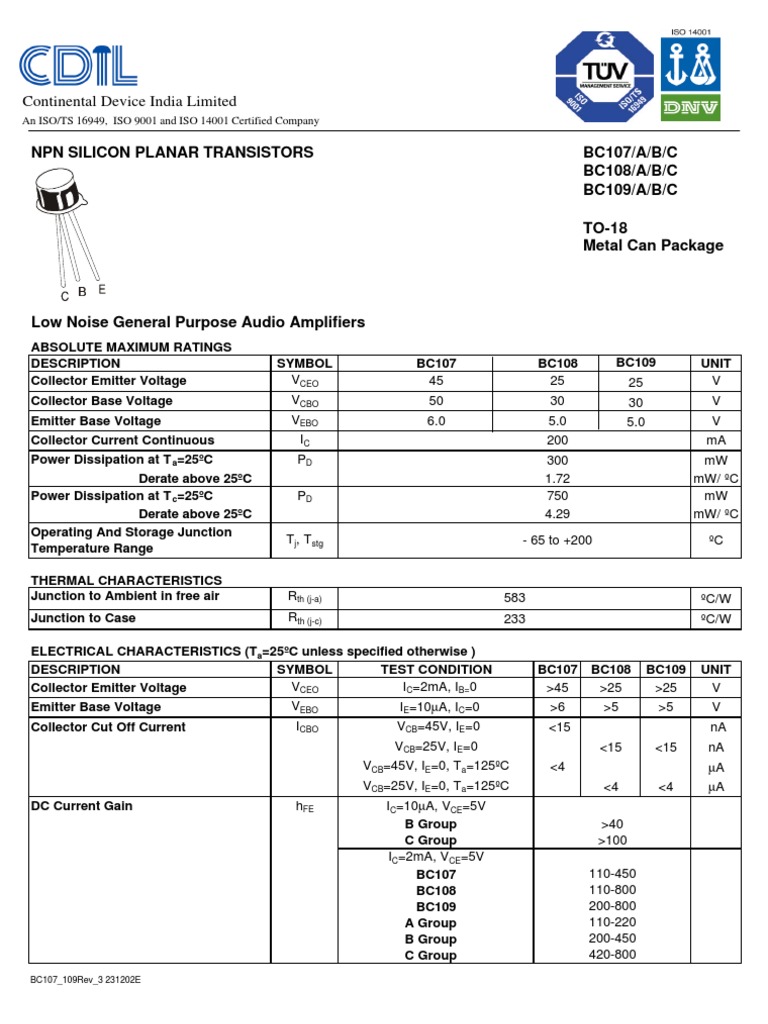 CDIL bc107 | Bipolar Junction Transistor | Electrical Components
