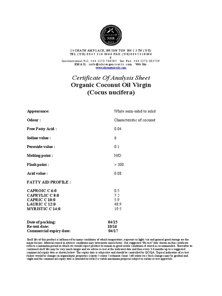 Certificate of Analysis Sheet: Organic Coconut Oil Virgin (Cocus ...