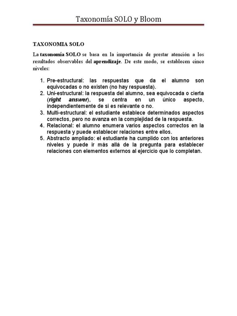 TAXONOMIA SOLO y TAXONOMIA BLOOM | PDF | Evaluación | Aprendizaje