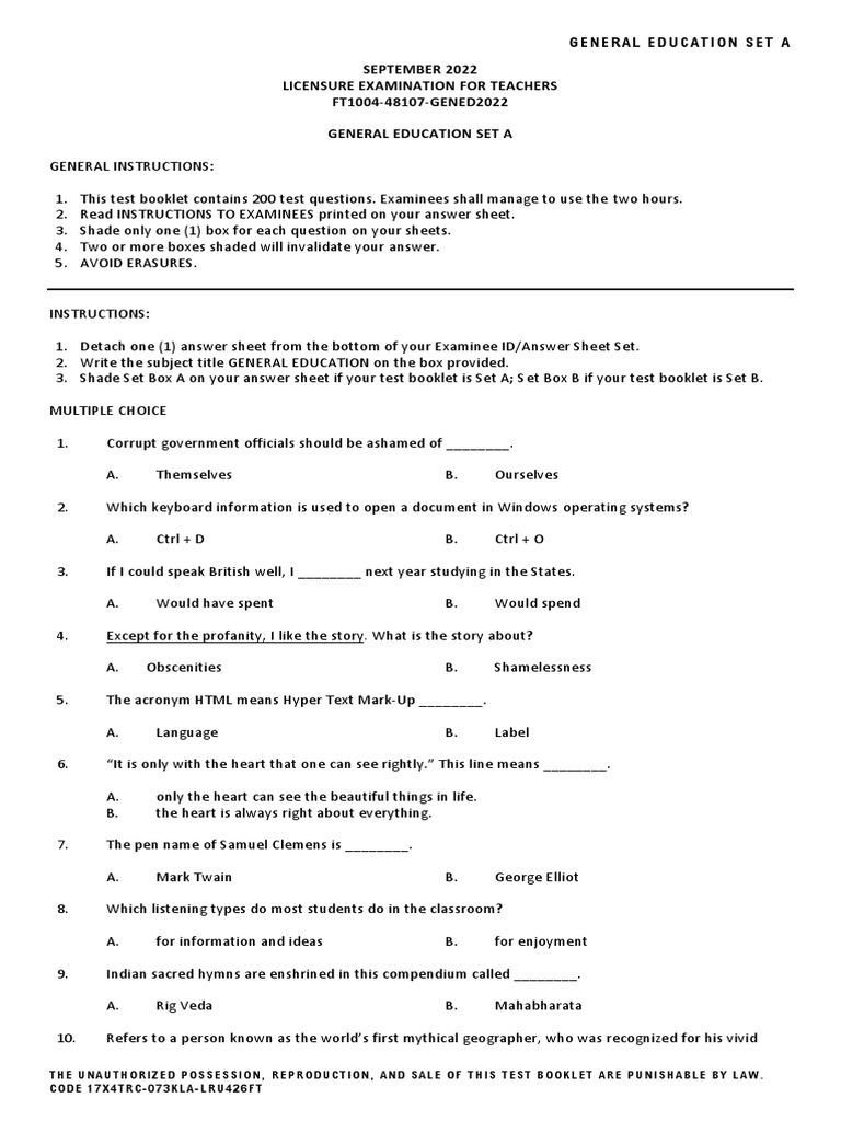 General Education LET Exam Set A | PDF