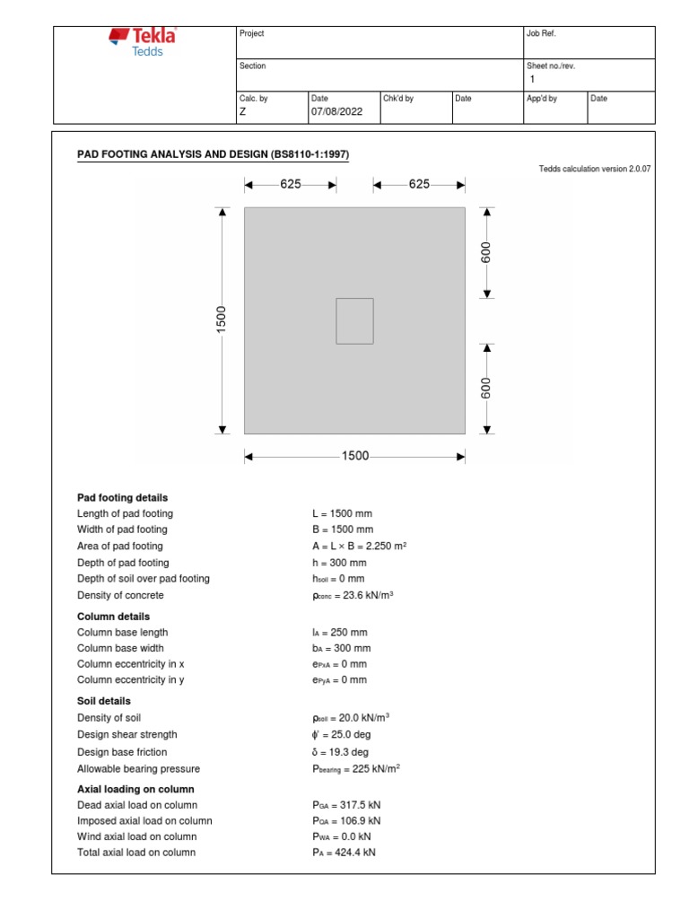 Pad Footing Design 250x300 Col | PDF | Column | Beam (Structure)