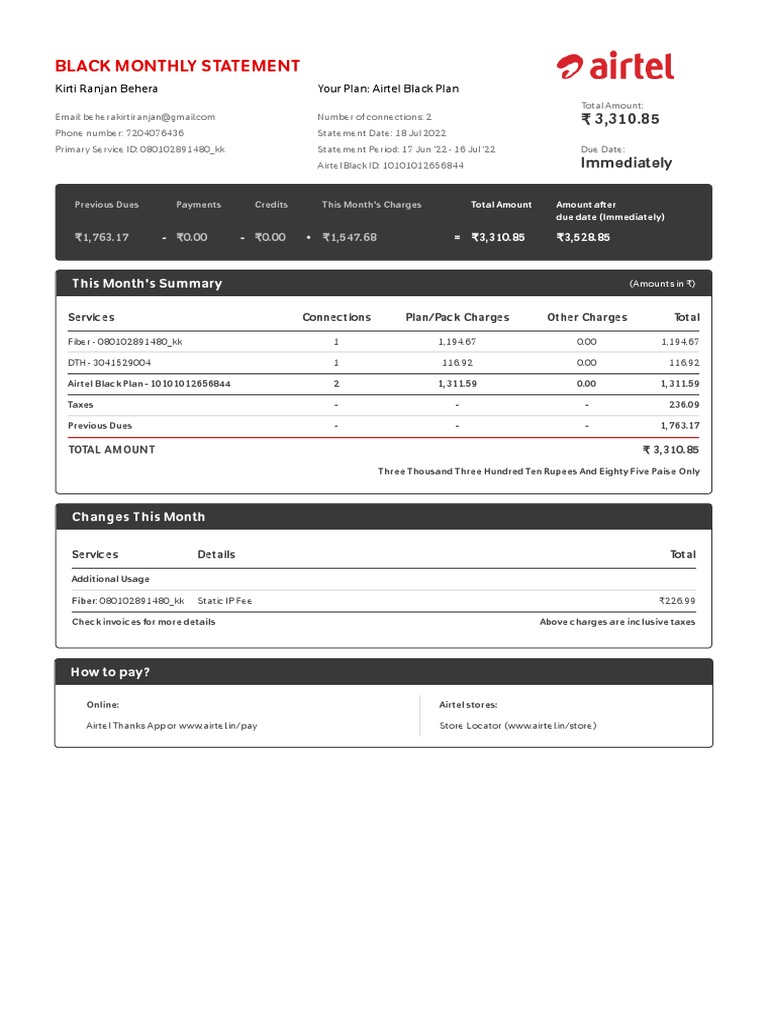 Analyzing Airtel Fiber and Mobile Monthly Statements | PDF | Cheque ...