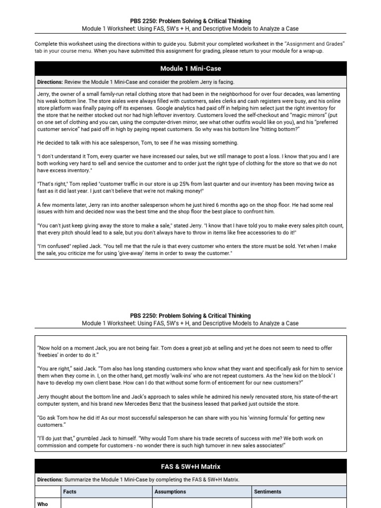 Module 1 Mini-Case: Module 1 Worksheet: Using FAS, 5W's + H, and ...