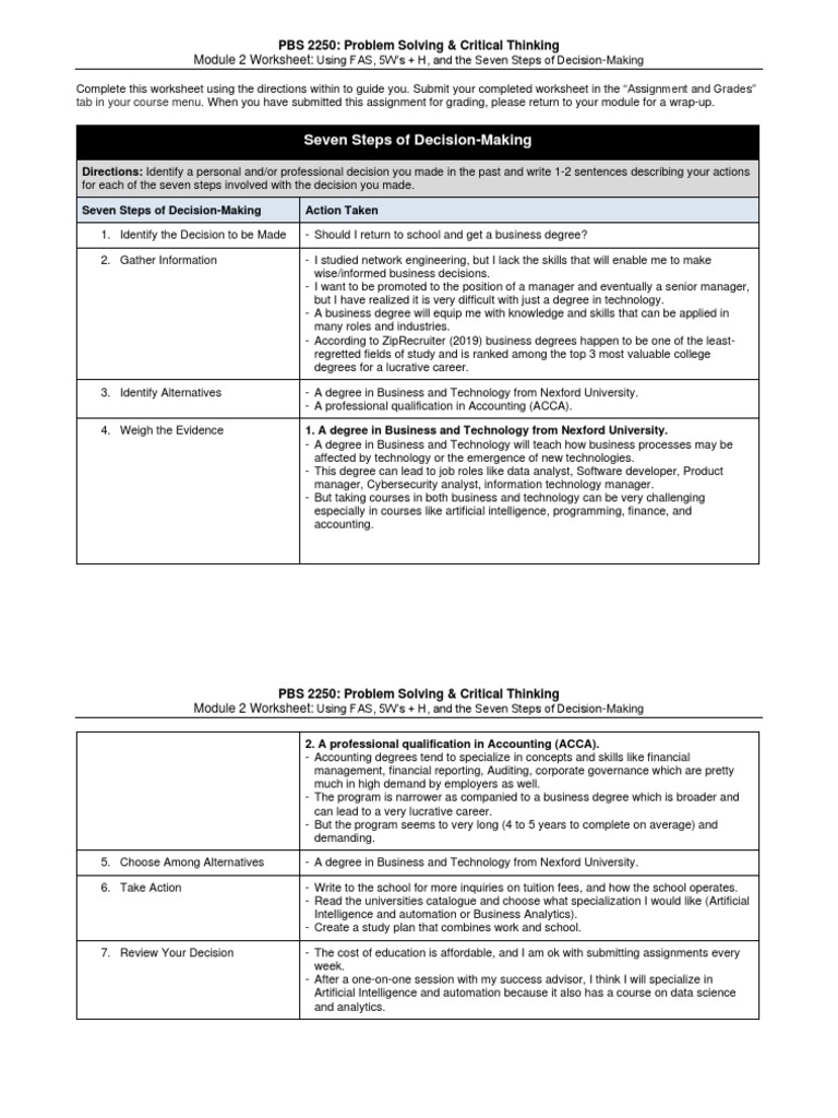 Seven Steps of Decision-Making: Module 2 Worksheet | PDF | Cisco ...