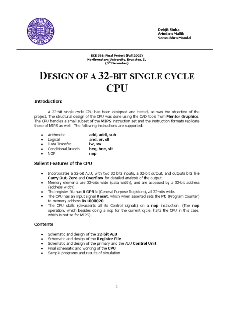 D 32-CPU: Esign of A Bit Single Cycle | PDF | Central Processing Unit | Instruction Set