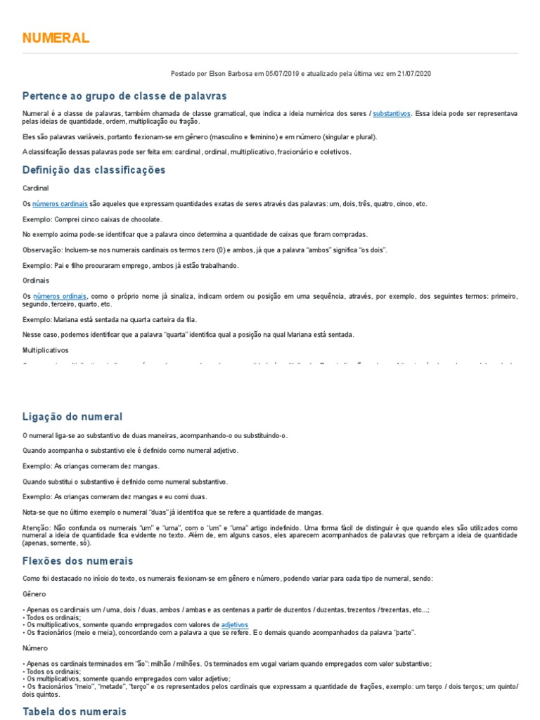 Tipos de Numerais na Língua Portuguesa | PDF | Morfologia linguística ...