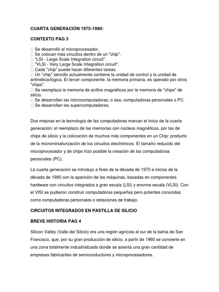 Cuarta Generación 1975-1980 | PDF | Microprocesador | Circuito integrado