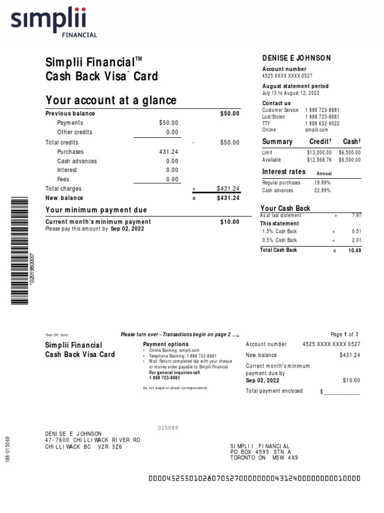 Simplii Financial Cash Back Visa Card: Your Account at A Glance | PDF ...