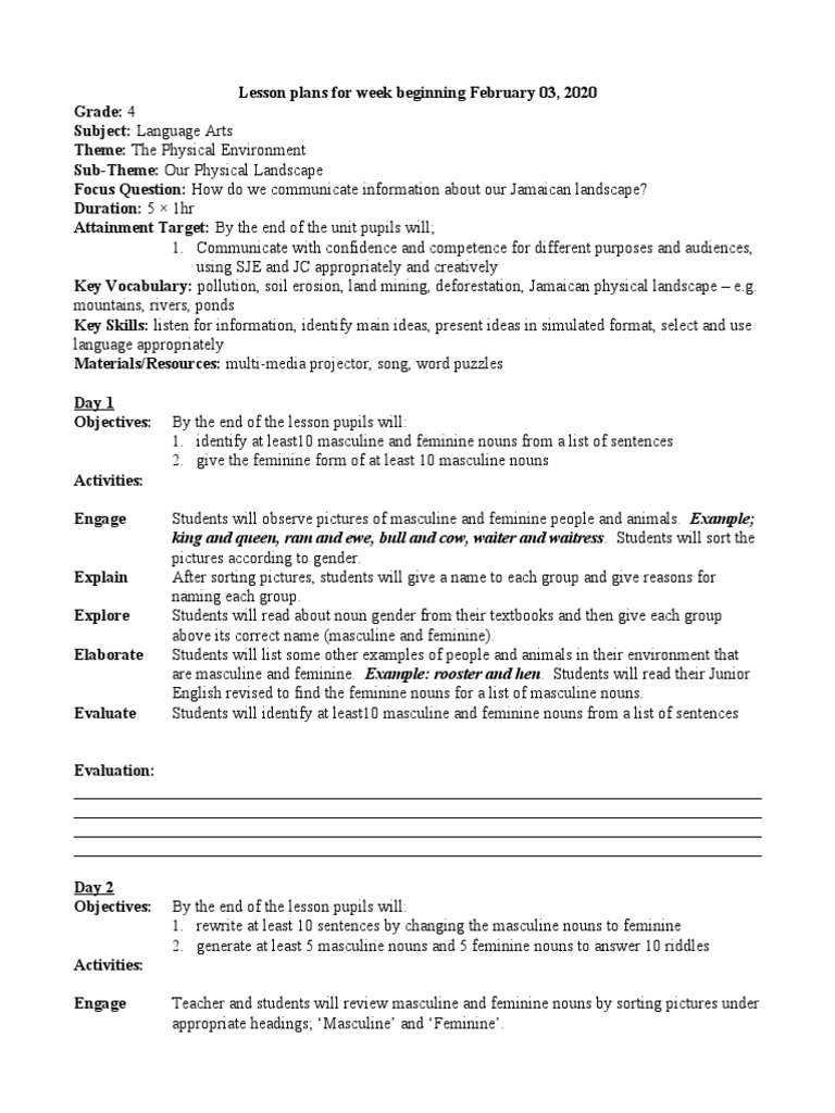 Week 5 Lesson Plan | PDF | Grammatical Gender | Subtraction
