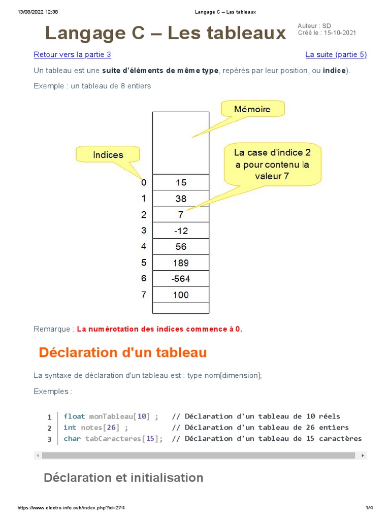 Tableaux en C : Guide Complet | PDF | Chaîne de caractères | C (Langage de programmation)