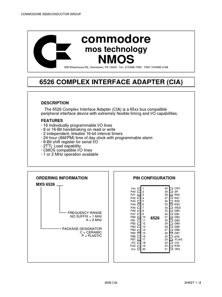 6526 CIA Datasheet Overview | PDF | Input/Output | Computer Data