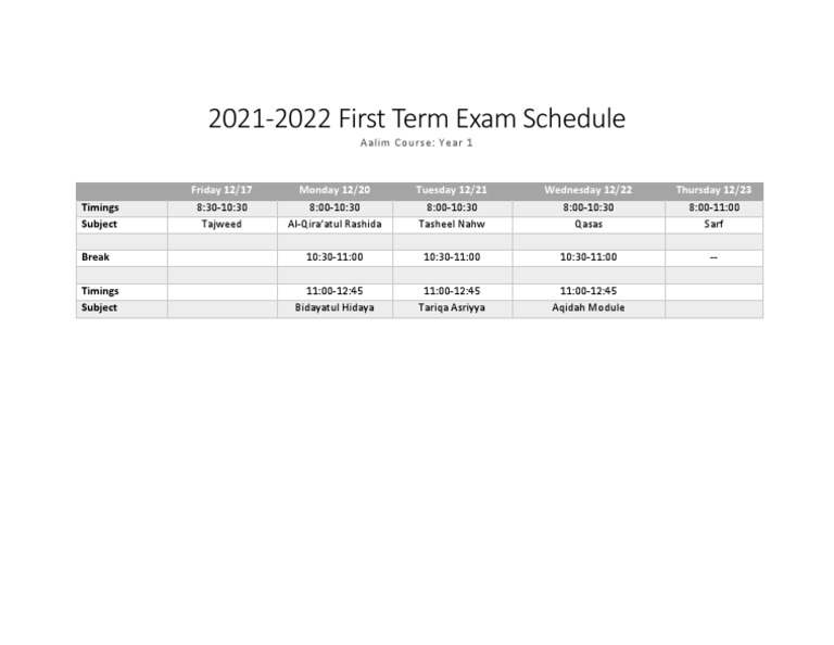 Aalim Course Year 1 Exam Schedule | PDF