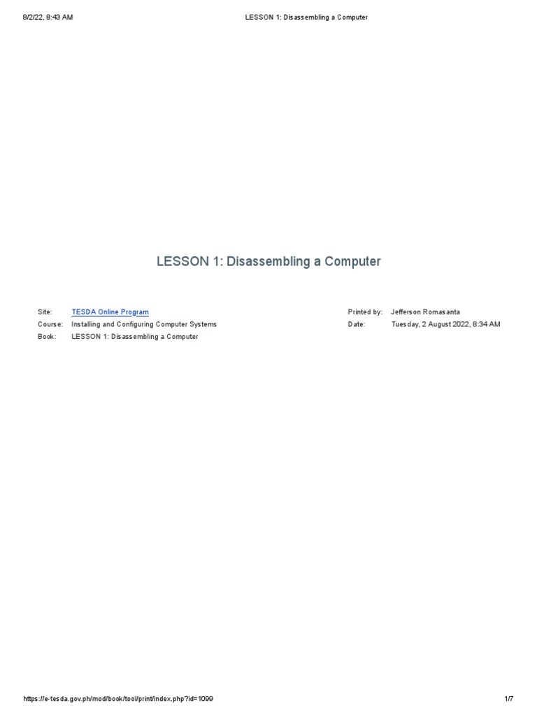 Lesson 1 Disassembling A Computer Pdf Computer Hardware Office Equipment