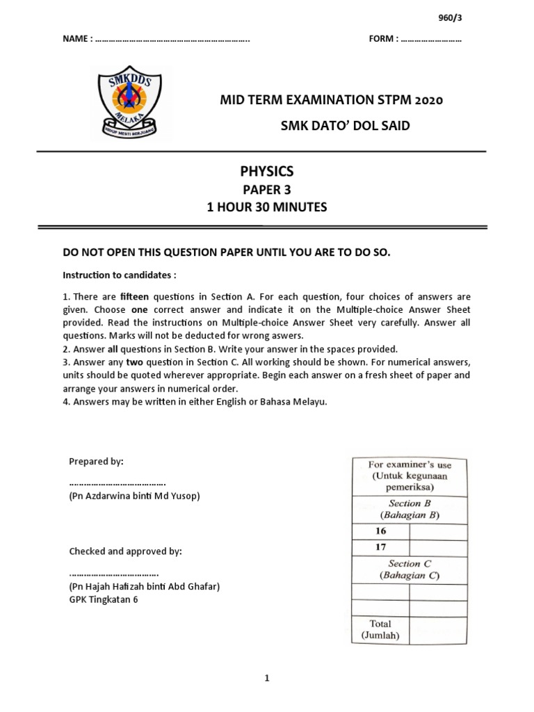 Physics Midterm Sem 3 | PDF | Teaching Methods & Materials