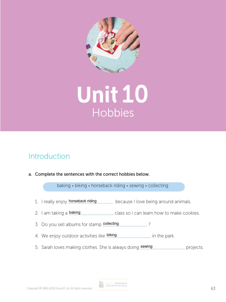 Hobbies: A. Complete The Sentences With The Correct Hobbies Below | PDF ...